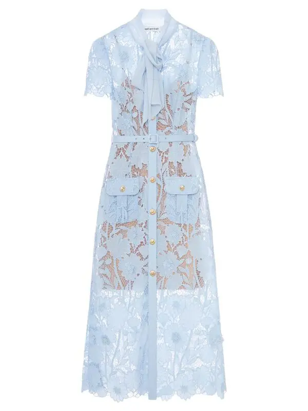SELF-PORTRAIT Midi Lace Dress With Neck Detail And Belt - Multicolor
