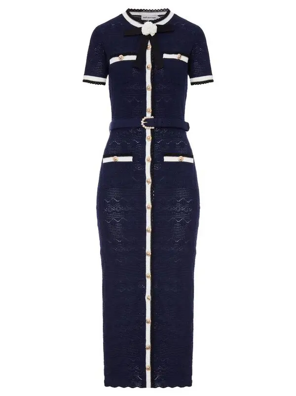 SELF-PORTRAIT Navy Perforated Knit Midi Dress With Bow And Brooch Detail - Blue