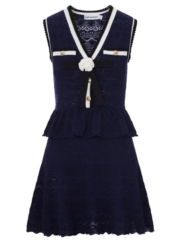 SELF-PORTRAIT Navy Peplum Quilted Knit Mini Dress - Blue