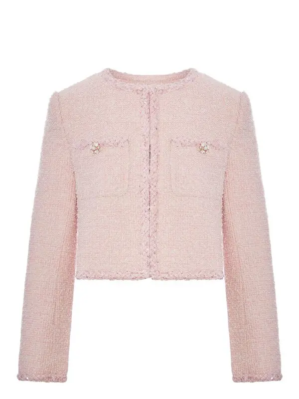 SELF-PORTRAIT Cropped Boucle Jacket - Pink