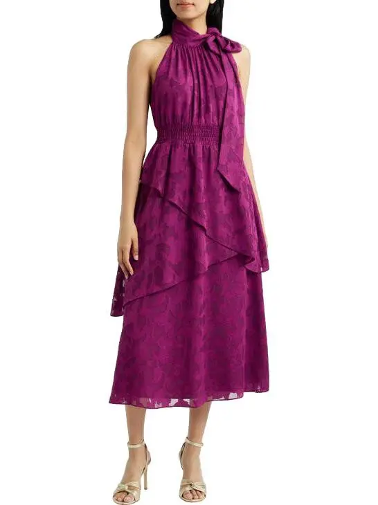 Anne Klein Floral Jacquard Asymmetric Tiered Midi Dress - Beet