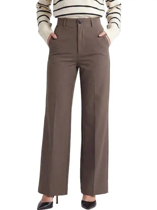 SOLOMON & SAGE Organic Cotton Blend Wide Leg Tailored Pants - Mocha