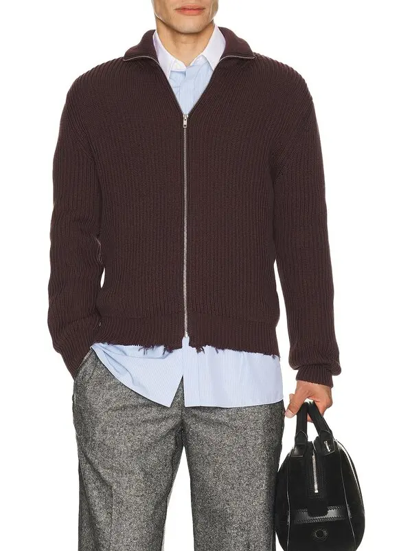 MAISON MARGIELA Ribbed Knit Mock Neck Zip-up Sportsjacket - Ciocolat