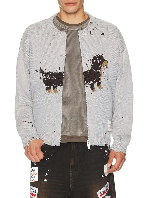 Mihara Yasuhiro Dog Jacquard Zip-up Knit Cardigan - Blue