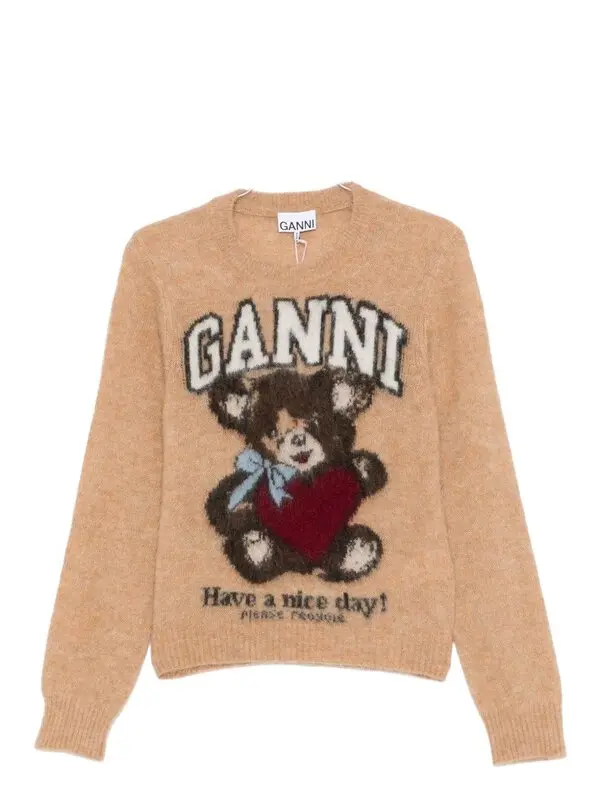 GANNI Teddy Bear Jacquard Crewneck Sweater - Beige