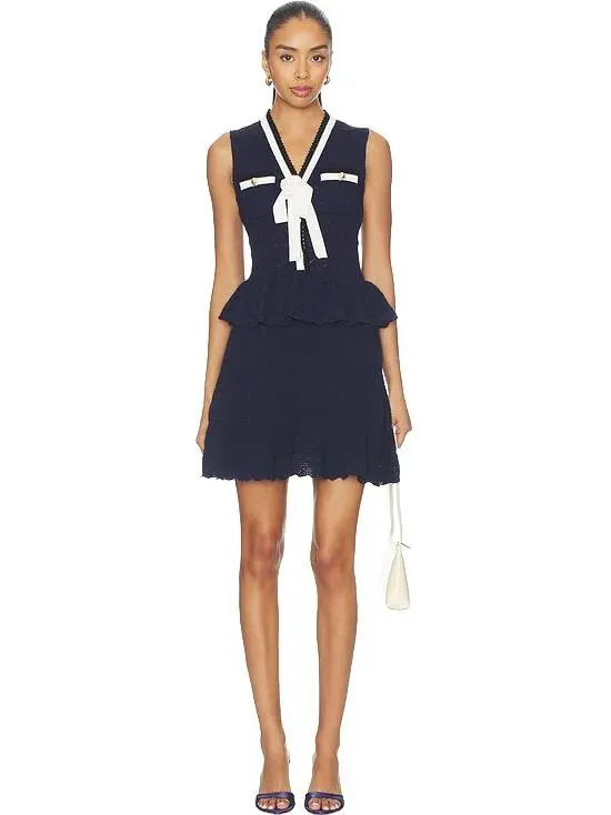 SELF-PORTRAIT Peplum Pointelle Knit Mini Dress - Navy