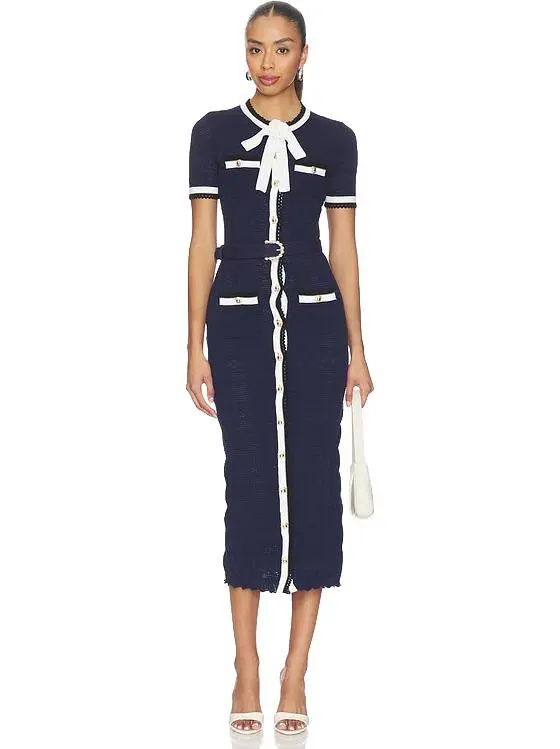 SELF-PORTRAIT Pointelle Knit Midi Dress - Navy