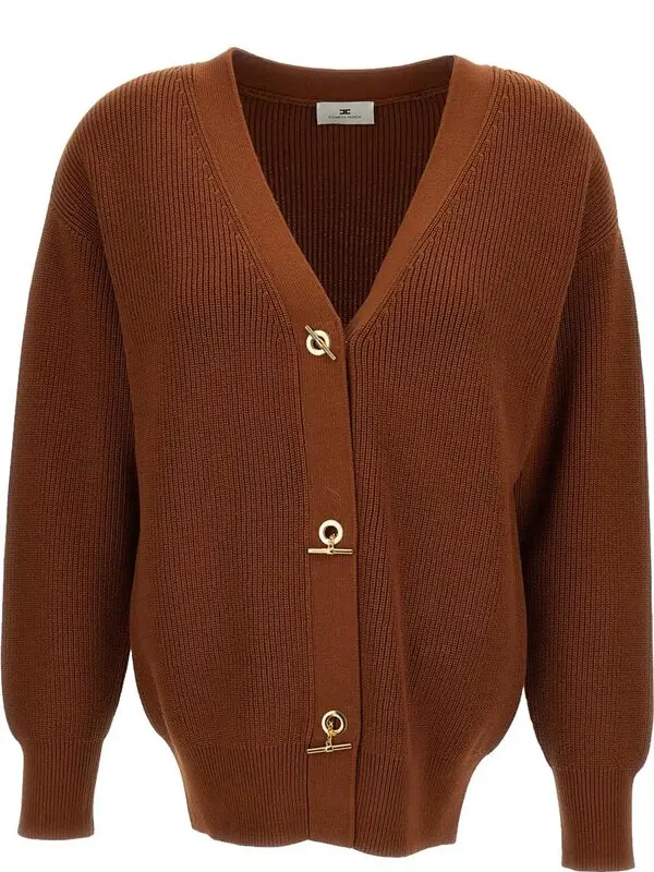 Elisabetta Franchi Ribbed V-neck Cardigan With Gold-tone T-bar Clasps - Marrone