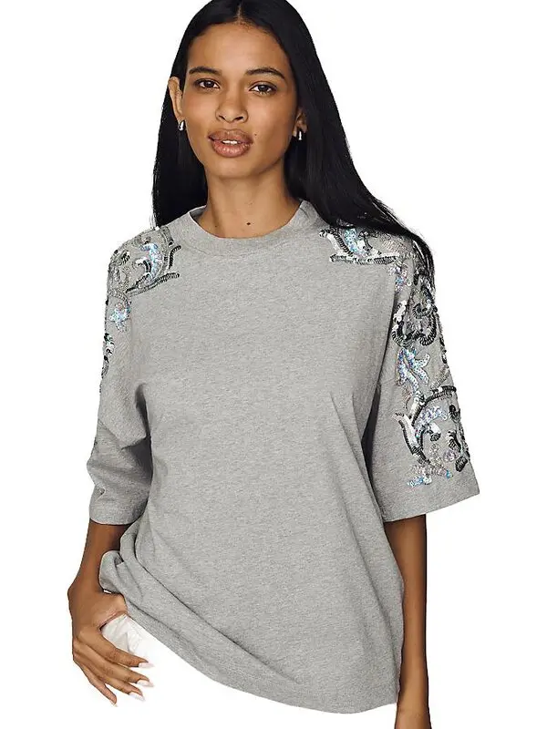 Essentiel Antwerp Cotton Sequin-sleeve T-shirt - Silver Lining