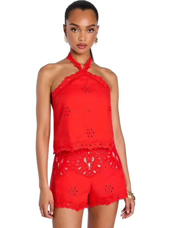 Retrofete Caliane Embroidered Cotton Poplin Halter Top - Geranium
