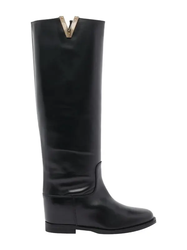 VIA ROMA 15 V Logo Round Toe Boots - Black