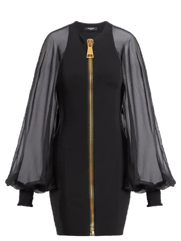 Balmain Short Jersey And Muslin Dress With Gold Zip - Black
