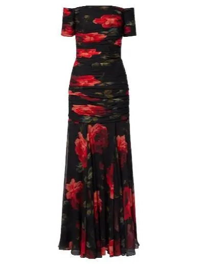 Carolina Herrera Off-shoulder Ruched Floral Silk Chiffon Gown - Black