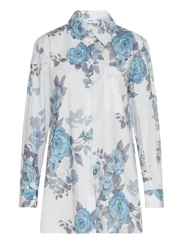 Marella Oversized Floral Print Stretch Poplin Shirt - Light Blue