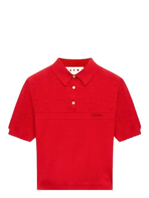 Marni Wool-silk Polo Shirt With Pointelle And Scalloped Trims - Red