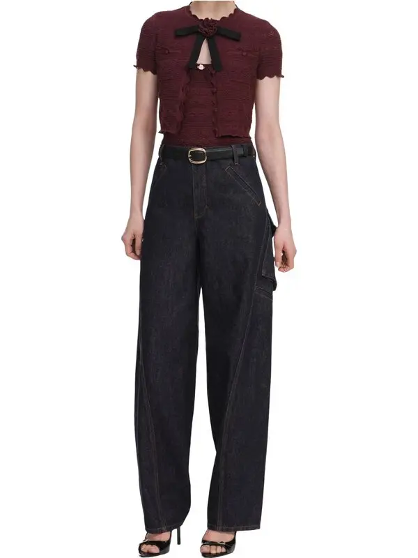 SELF-PORTRAIT Bow-detail Pointelle-knit Cropped Cardigan - Brown