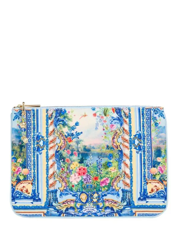 Camilla Embellished Printed Canvas Clutch - Blue