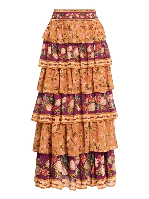 Farm Rio Tiered Floral-print Crepe De Chine Maxi Skirt - Camel