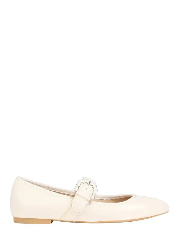 STUART WEITZMAN Piper Leather Mary Jane Flats With Faux Pearl Embellishment - Ecru