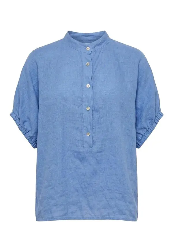JAMES LAKELAND Relaxed Linen Blouse With Mandarin Collar And Puff Sleeves - Blue