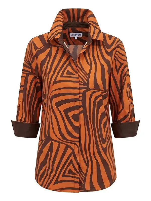 PERLAVERA 3/4 Sleeve Printed Shirt - Brown/orange