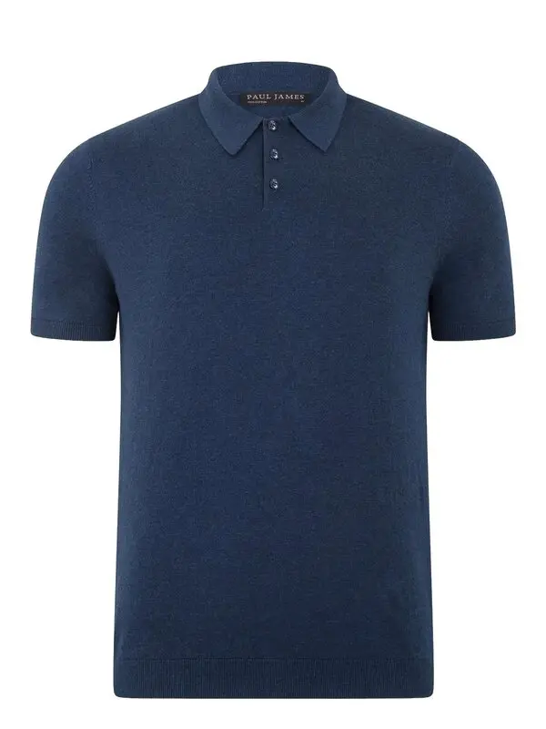 PAUL JAMES KNITWEAR Ultra Fine Cotton Earl Short Sleeve Polo Shirt Melange - Blue