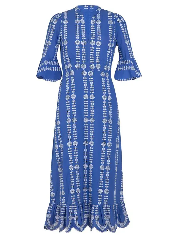 ROSE & NANCY Cotton Broderie V-neck Midi Dress - Blue