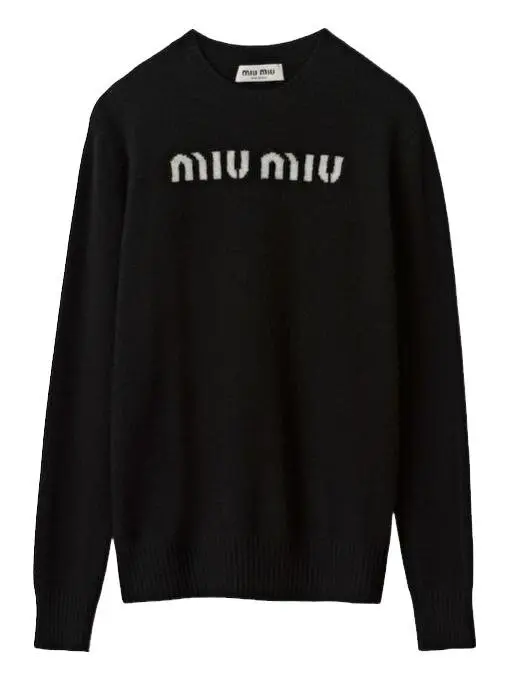 Miu Miu Wool And Cashmere Sweater With Inlaid Logo - Black