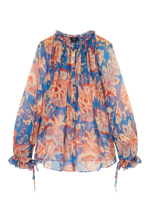 Etro Printed Silk Chiffon Ruffle Blouse - Nude