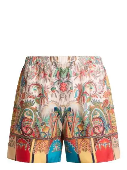 Etro Peau D'ange Silk Shorts With Paisley Foliage Motif - Nude