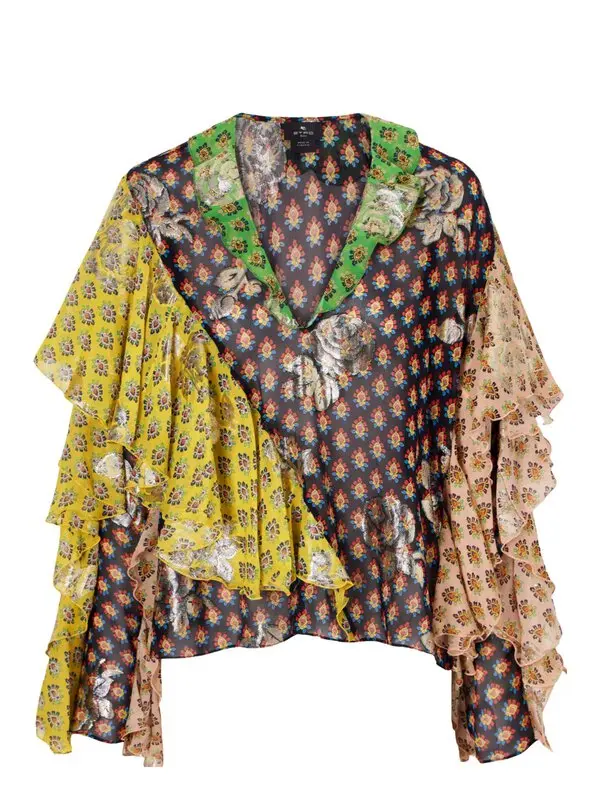 Etro Ruffled Floral Silk Shirt - Brown