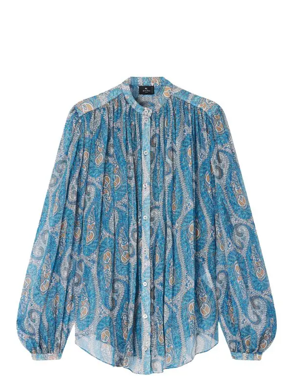 Etro Pleated Paisley Print Silk Crepe Shirt - Blue
