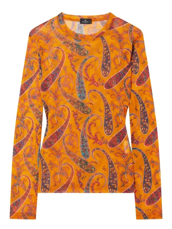 Etro Paisley Print Mesh Long Sleeve Top - Orange