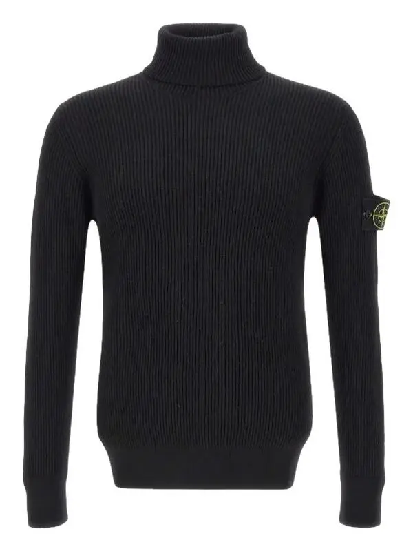 Stone Island Ribbed Turtleneck Sweater With Logo Patch - Black