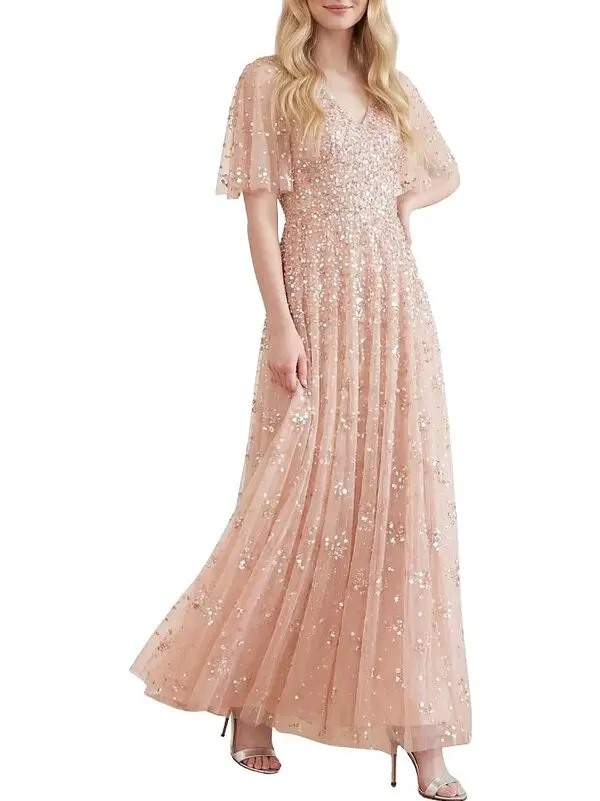 NEEDLE & THREAD Leila V-neck Cape Ankle Gown - Parchment