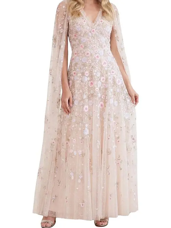 NEEDLE & THREAD Ethereal Blooms Cape Sleeve Gown - Cream/multi