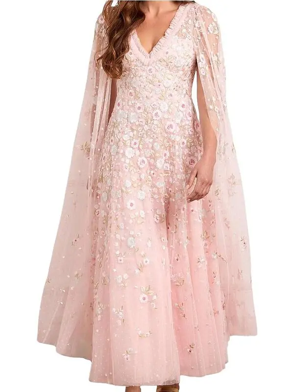 NEEDLE & THREAD Ethereal Blooms Cape Sleeve Gown - Seashell/multi