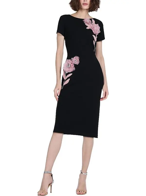 EMILY SHALANT Stretch Crepe Organza Midi Dress With Crystal Flower Applique - Black