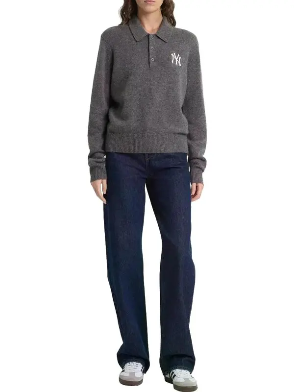 SPORTY & RICH Heritage Yankees Serif Cashmere Polo-collar Sweater - Grey