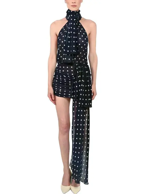 ROWEN ROSE Polka-dot Ruched Halterneck Dress - Blue