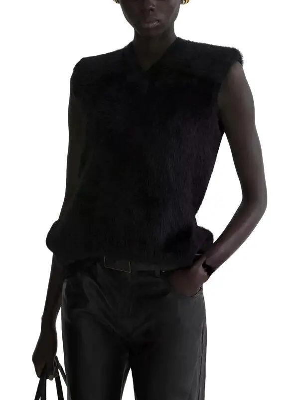 MUGLER Brushed Knit Sleeveless V-neck Top - Black