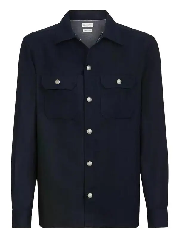 Brunello Cucinelli Virgin Wool Flannel Overshirt With Spread Collar And Chest Pockets - Blue