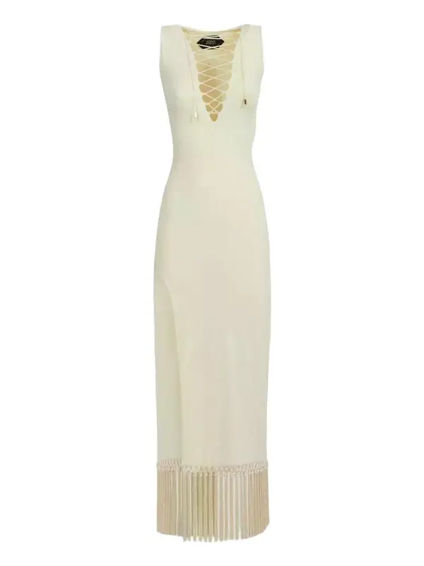 TALLER MARMO Sahara Lace-up Fringe Midi Dress - Neutrals