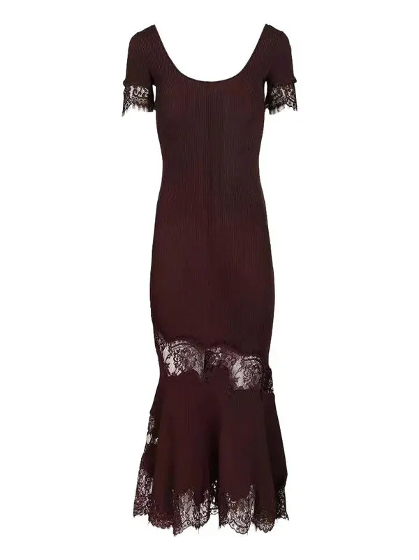 SELF-PORTRAIT Ribbed-knit Maxi Dress With Lace Trim - Brown