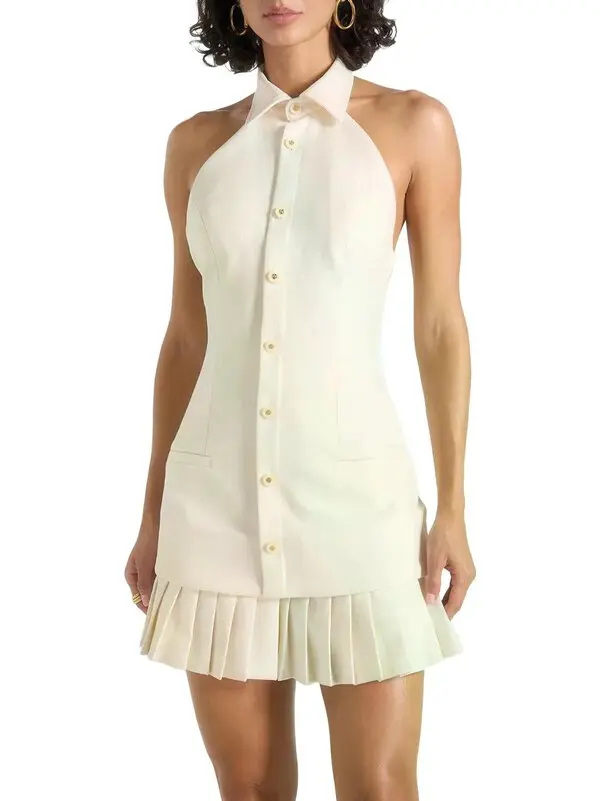 Manière De Voir Jasmine In Cream Halterneck Pleated Mini Dress - Neutrals