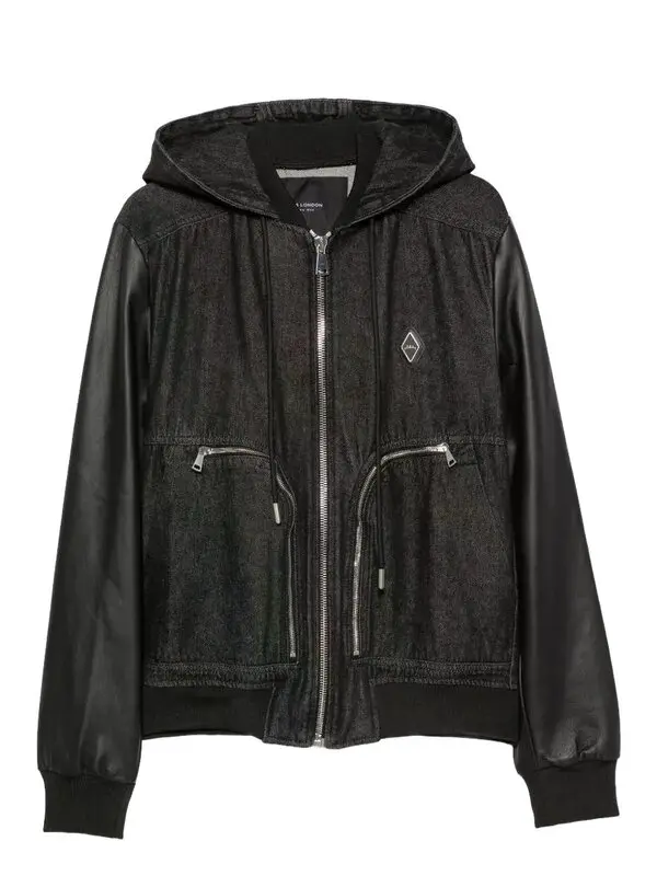 YES LONDON Hooded Denim Jacket With Contrast Leather Sleeves - Black