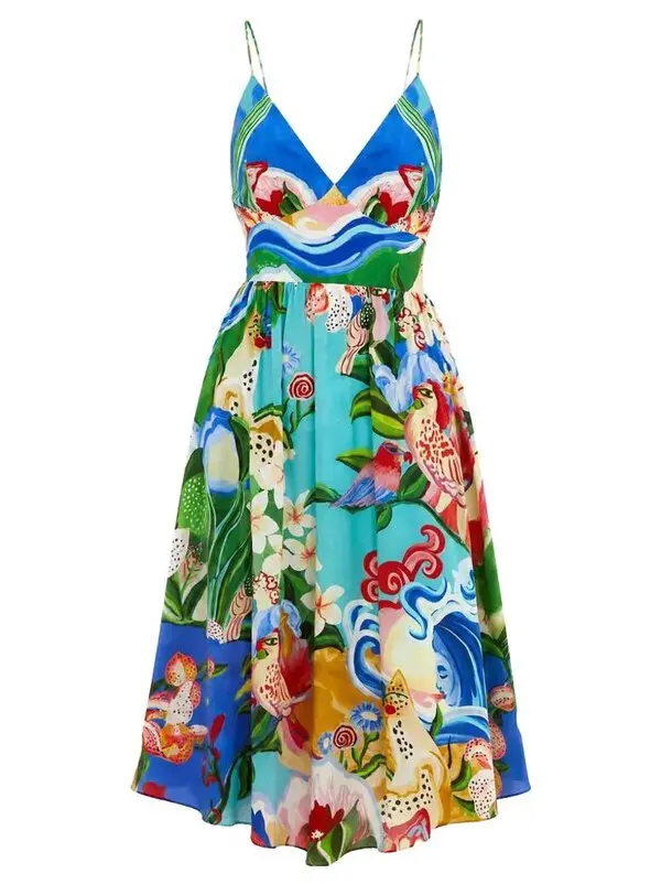 Farm Rio Garden Of Life Graphic-print Midi Dress - Blue