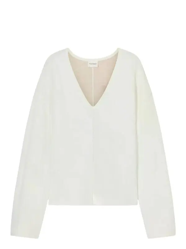 Closed V-neck Knitted Sweater - White