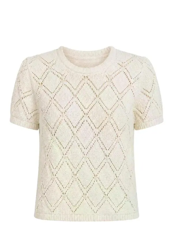 WHITE & WARREN Ivory Pointelle Knit Diamond Pattern Crew Neck Short Sleeve Top - Neutrals