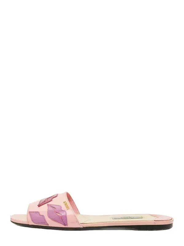 Prada Patent Leather Lip Appliqué Flat Sandals - Pink